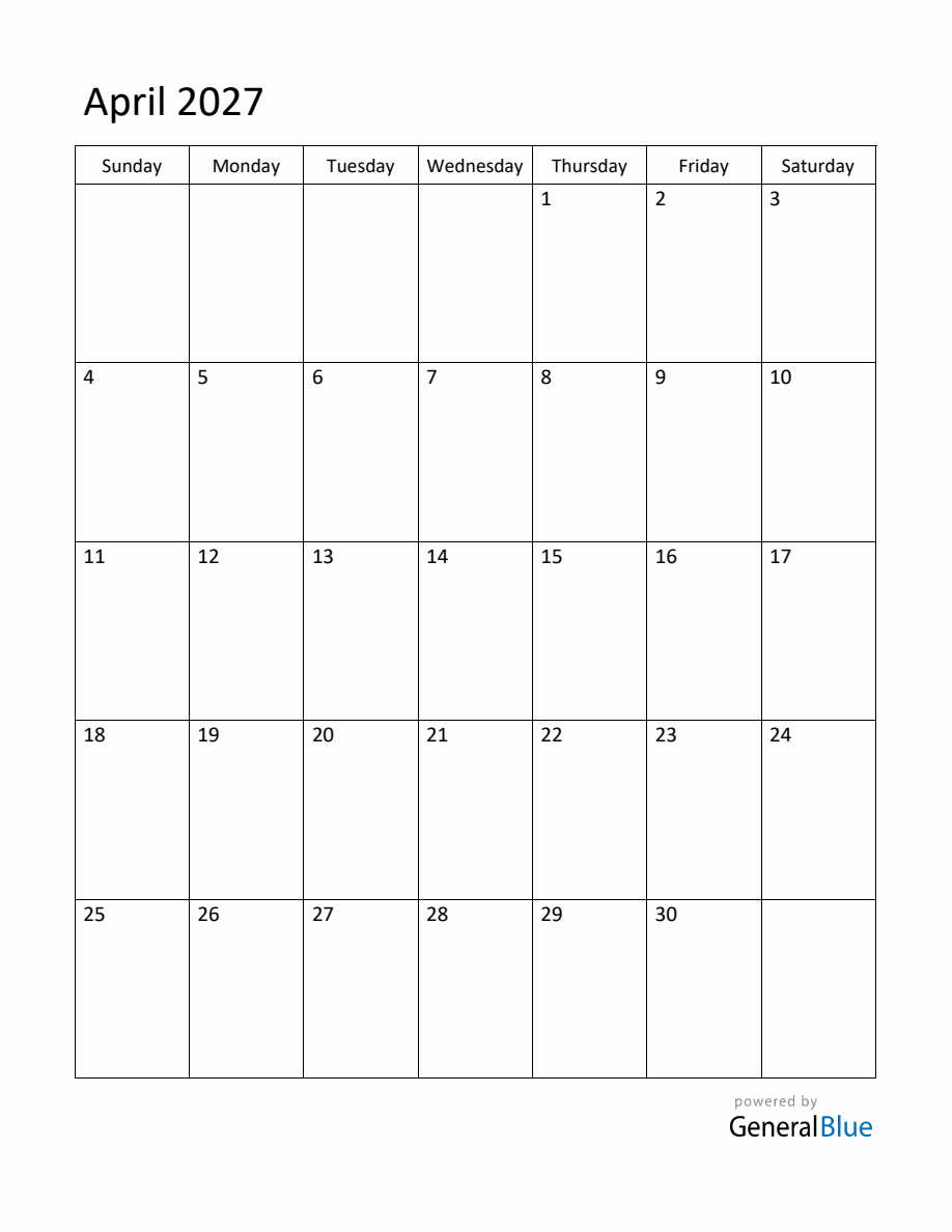 Editable April 2027 Monthly Calendar