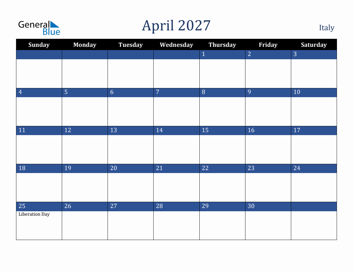 April 2027 Italy Holiday Calendar