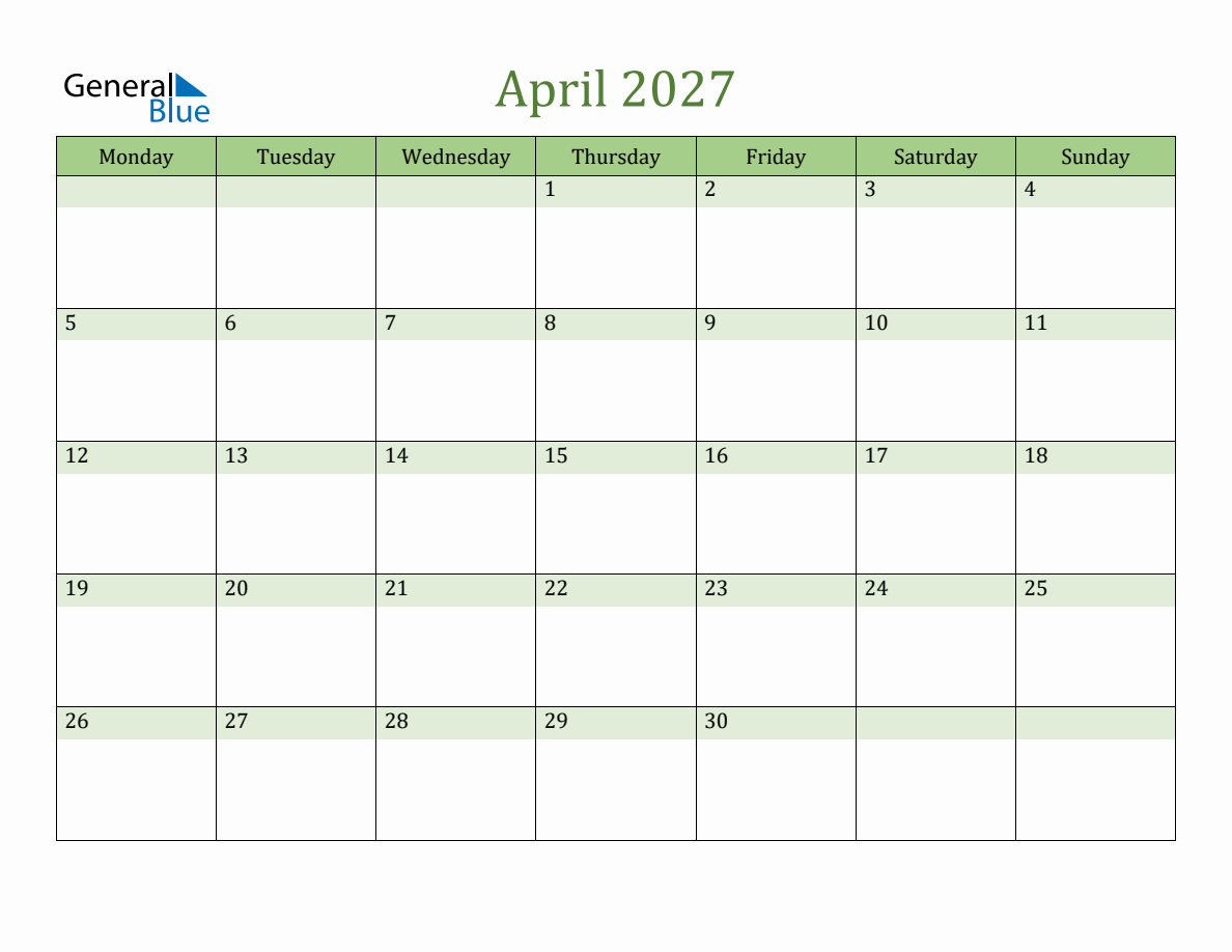 Fillable April 2027 Calendar - Monday Start