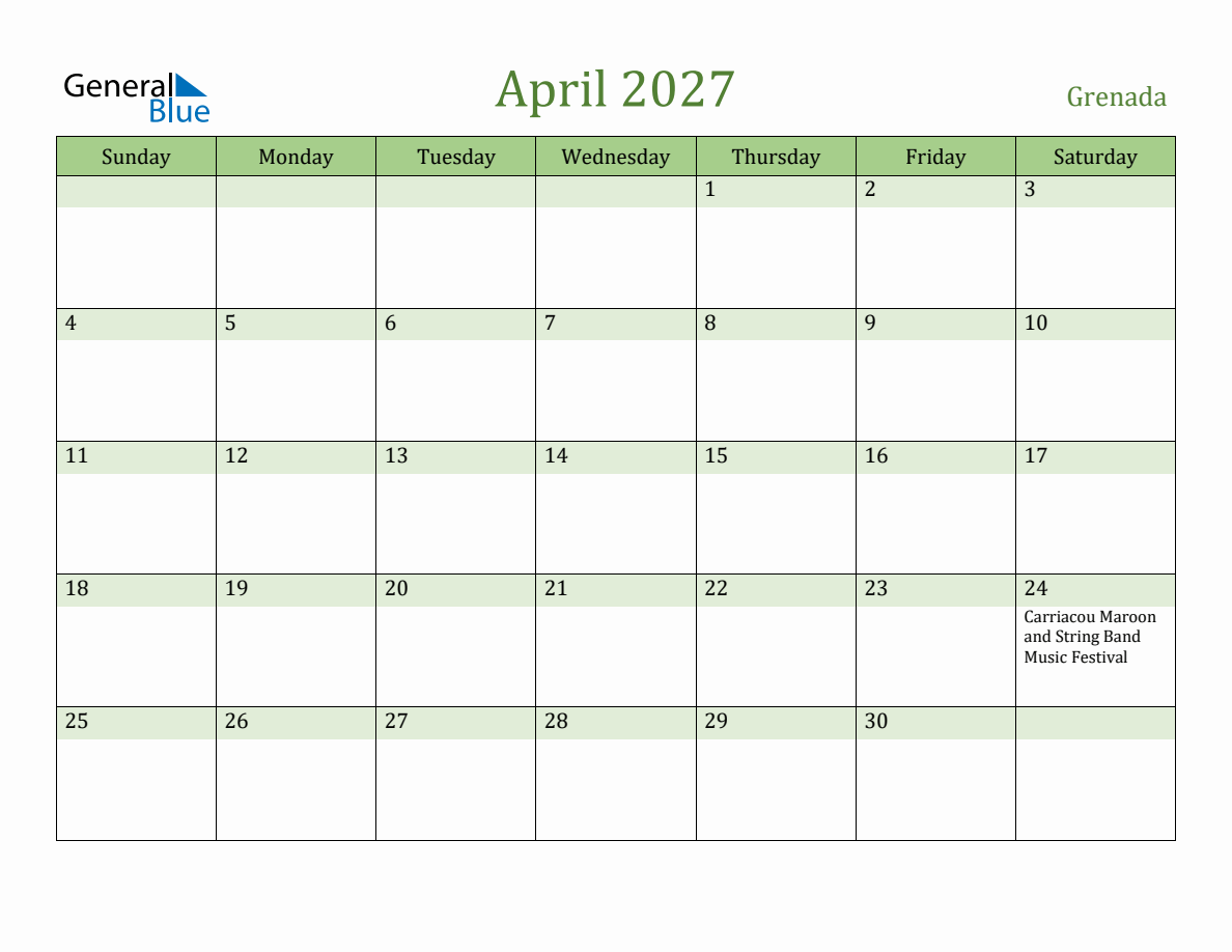 Fillable Holiday Calendar for Grenada - April 2027