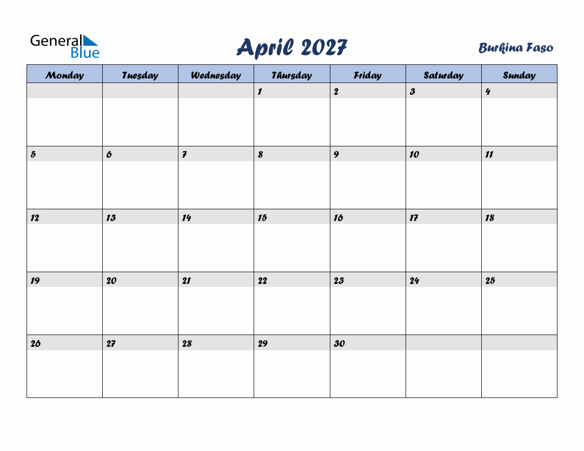 April 2027 Monthly Calendar Template with Holidays for Burkina Faso