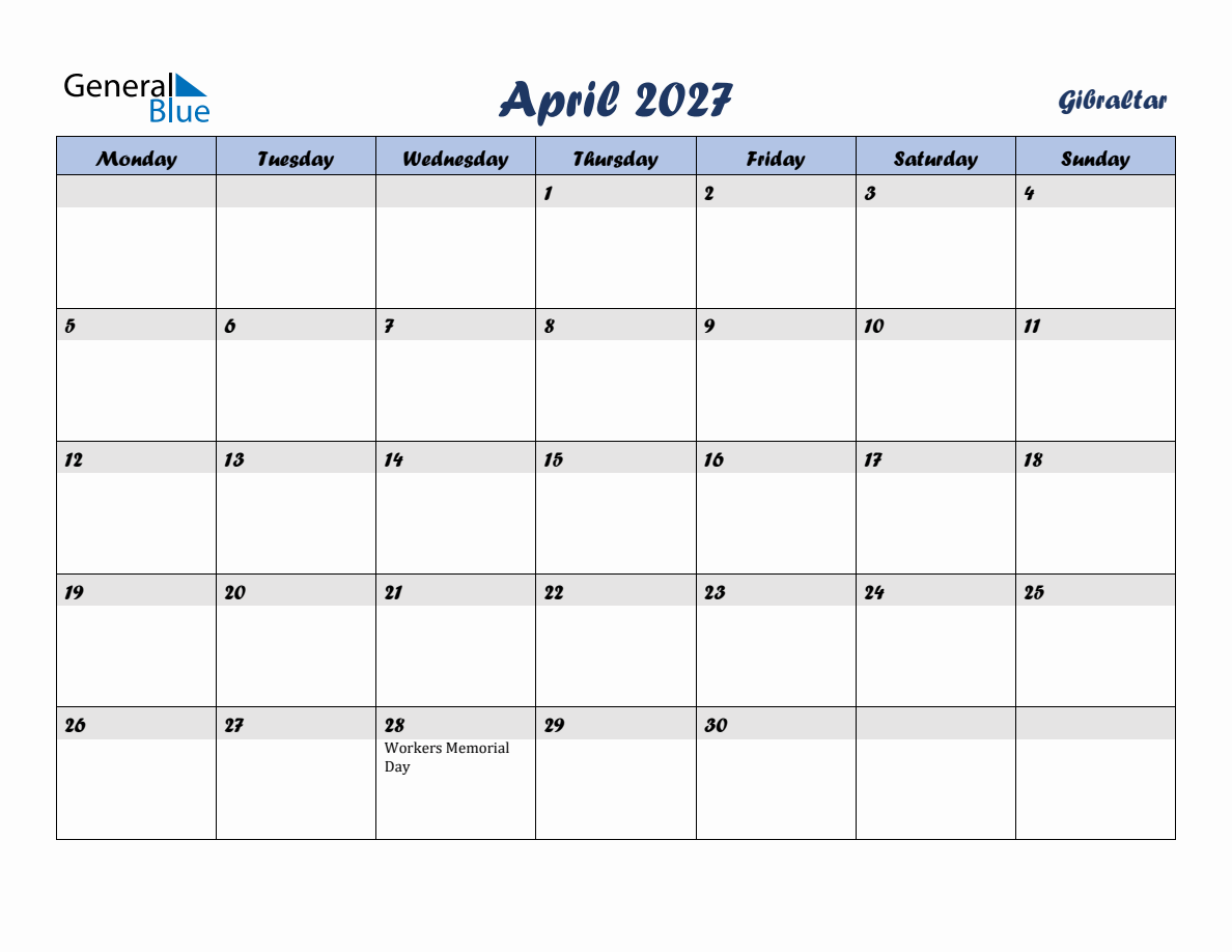 April 2027 Monthly Calendar Template with Holidays for Gibraltar ...