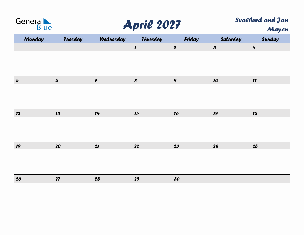 April 2027 Monthly Calendar Template with Holidays for Svalbard and Jan ...