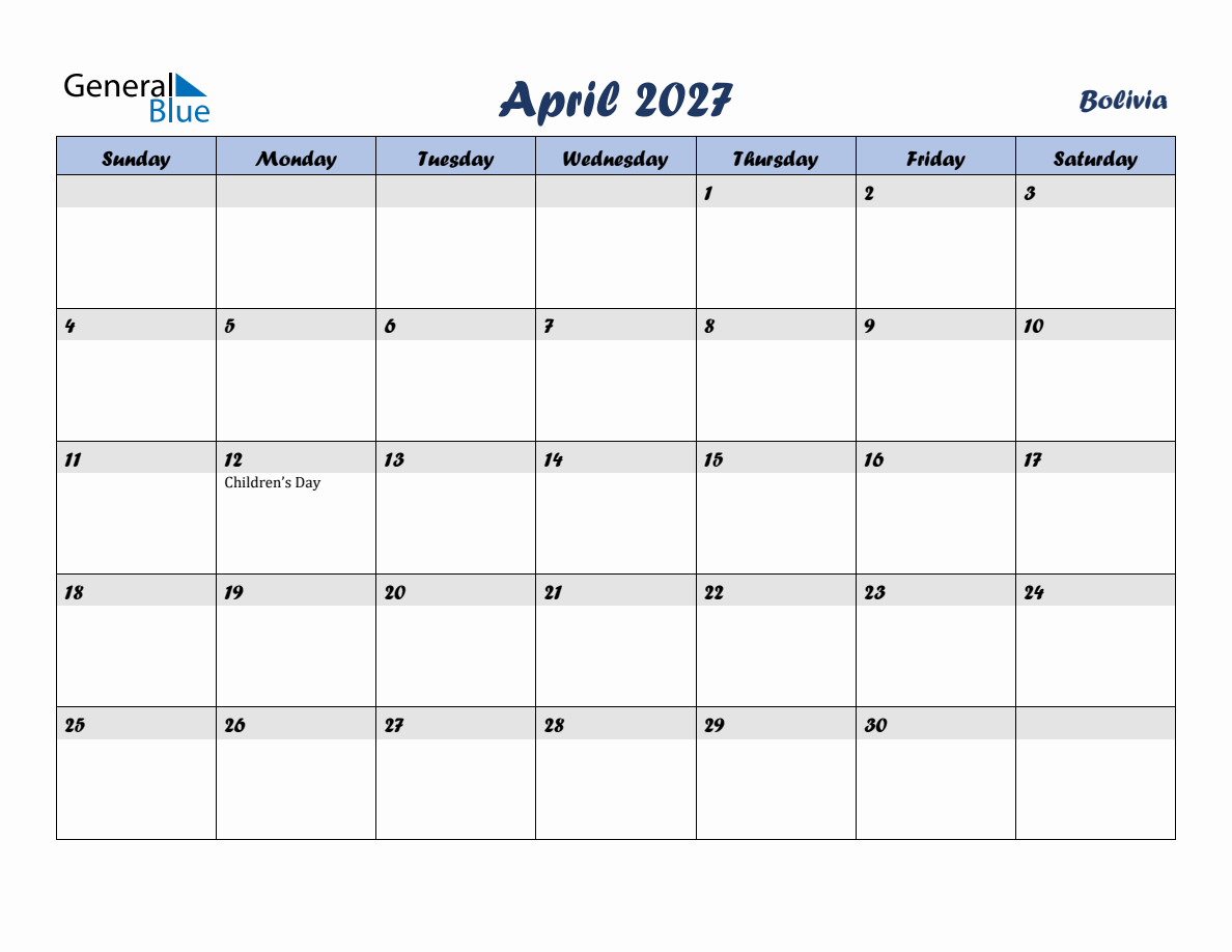 April 2027 Monthly Calendar Template with Holidays for Bolivia