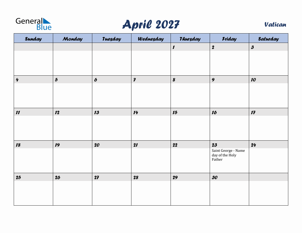 April 2027 Monthly Calendar Template with Holidays for Vatican