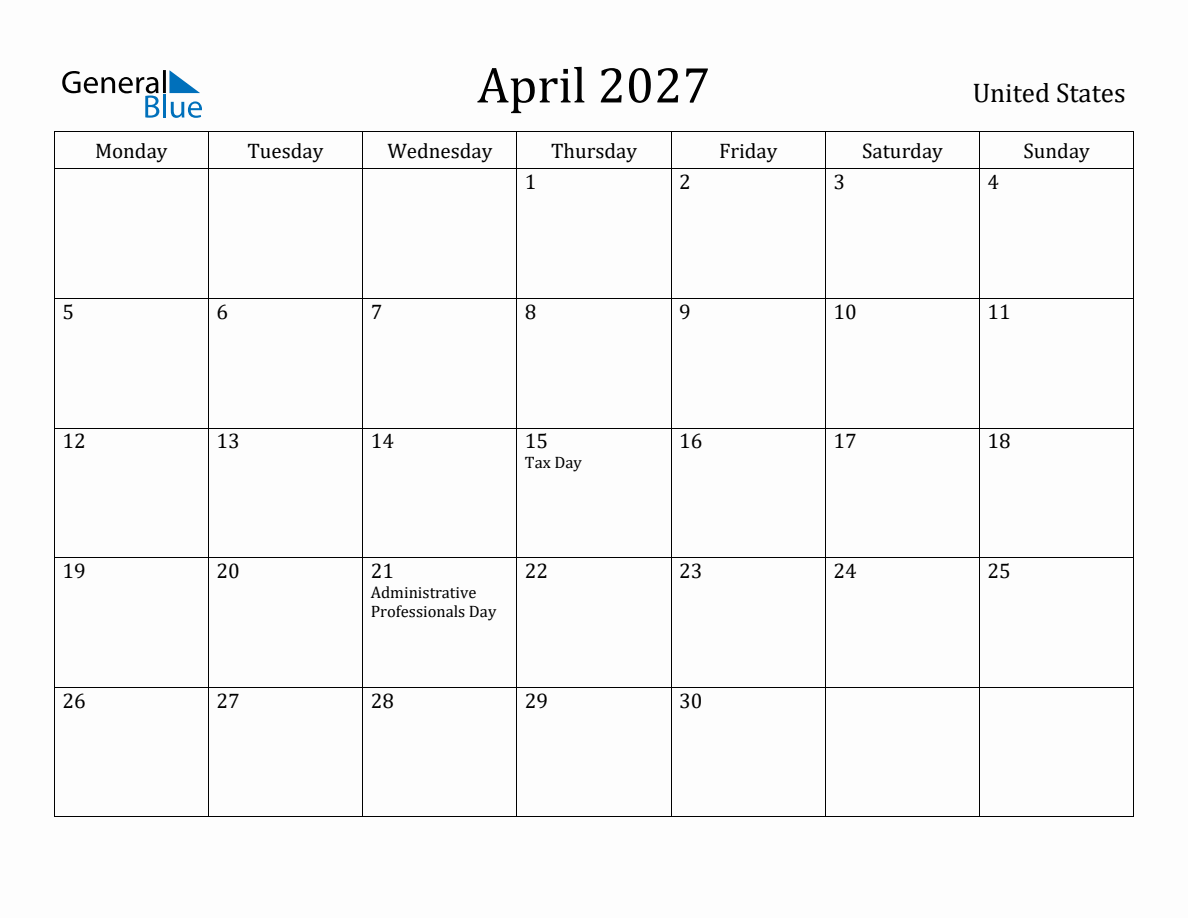 United States Monthly Calendar - April 2027 (Monday Start)
