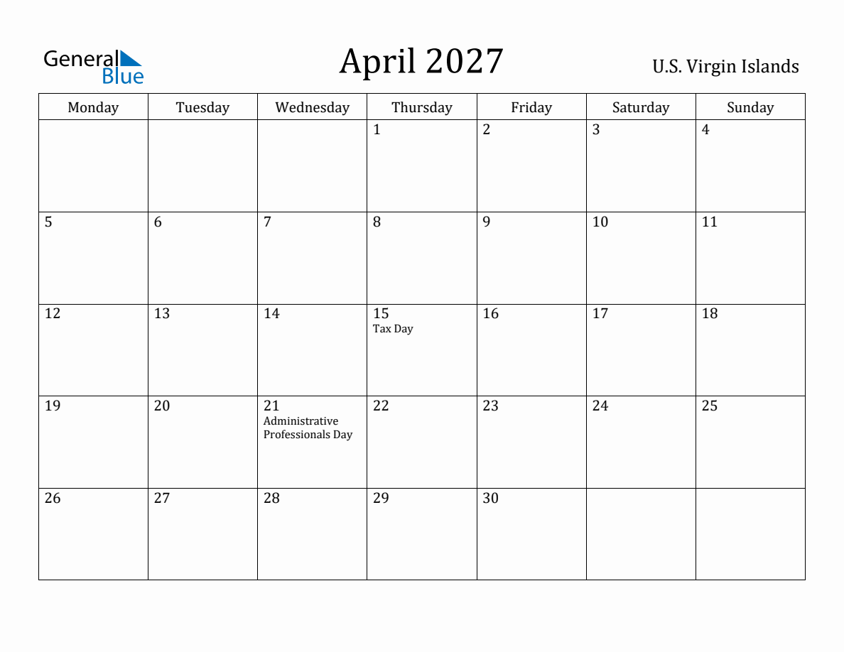 April 2027 Monthly Calendar with U.S. Virgin Islands Holidays (Monday ...