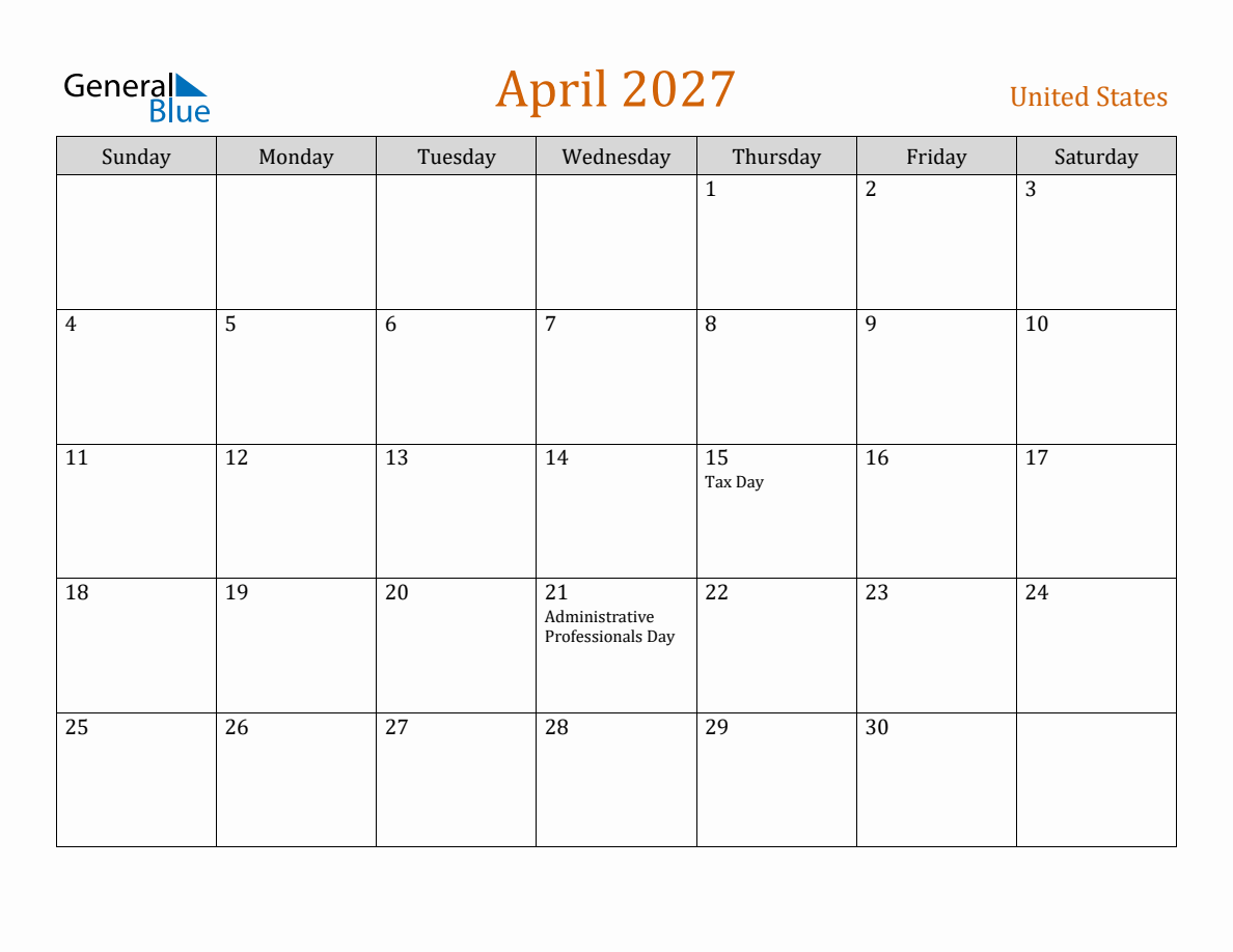 Free April 2027 United States Calendar