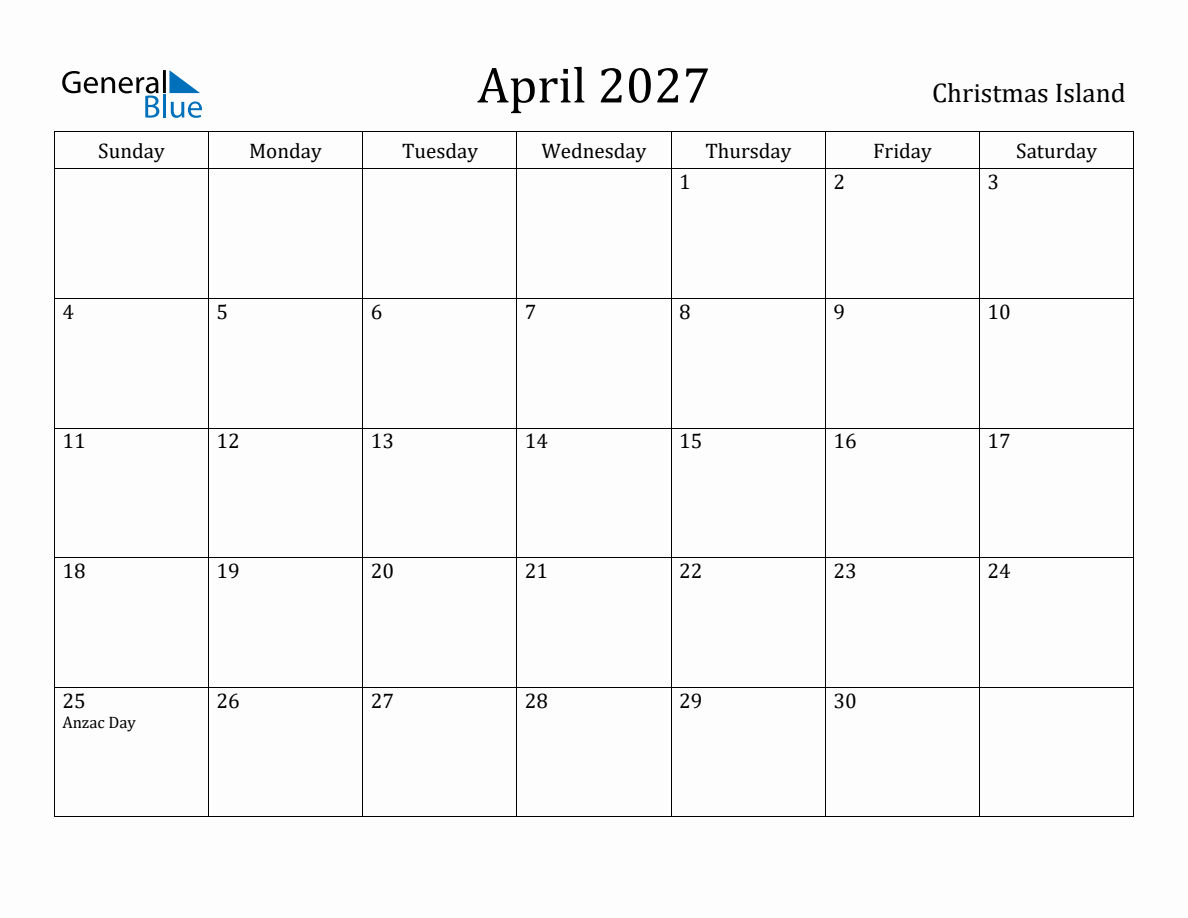 April 2027 Monthly Calendar with Christmas Island Holidays