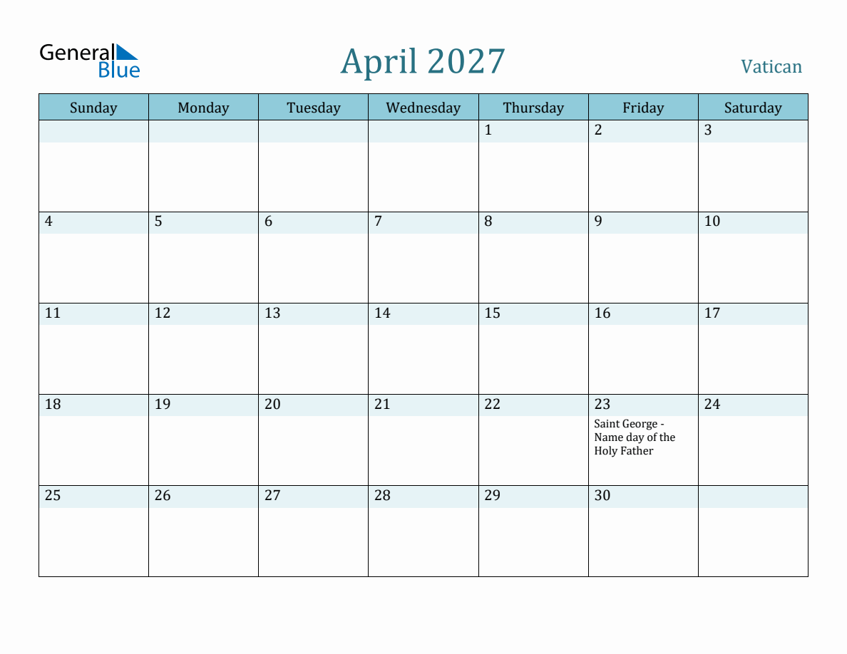 Vatican Holiday Calendar for April 2027