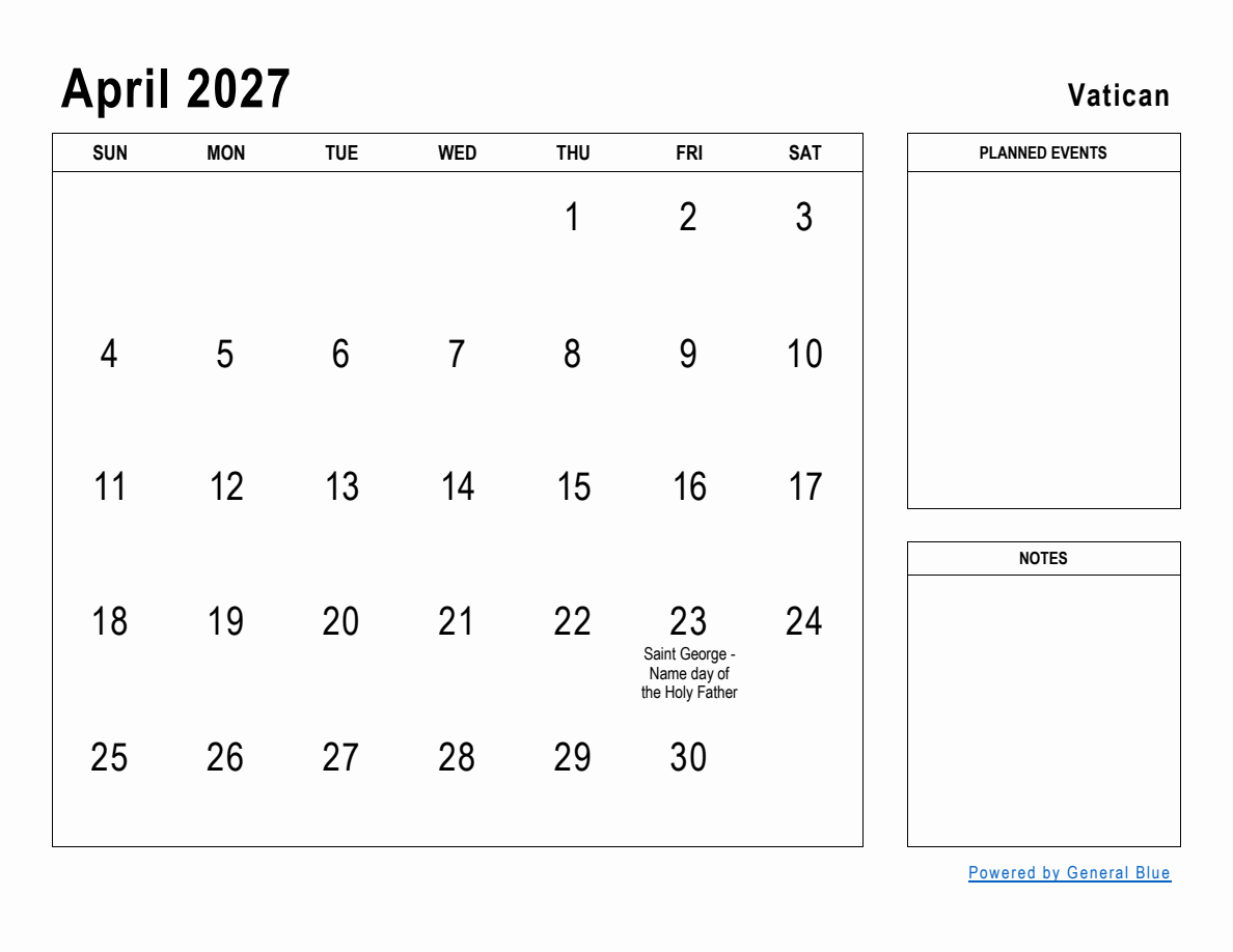 April 2027 Planner with Vatican Holidays