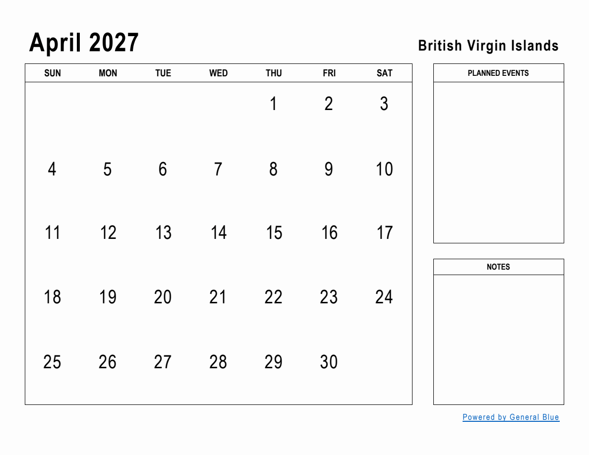 April 2027 Planner with British Virgin Islands Holidays