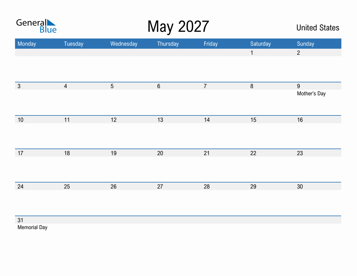 Editable May 2027 Calendar with United States Holidays (Monday Start)