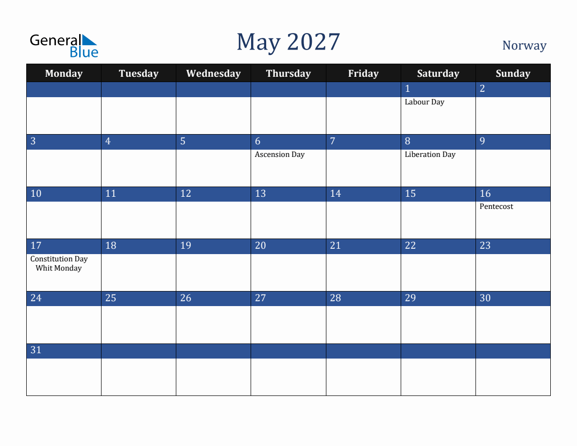 May 2027 Norway Holiday Calendar (Monday Start)