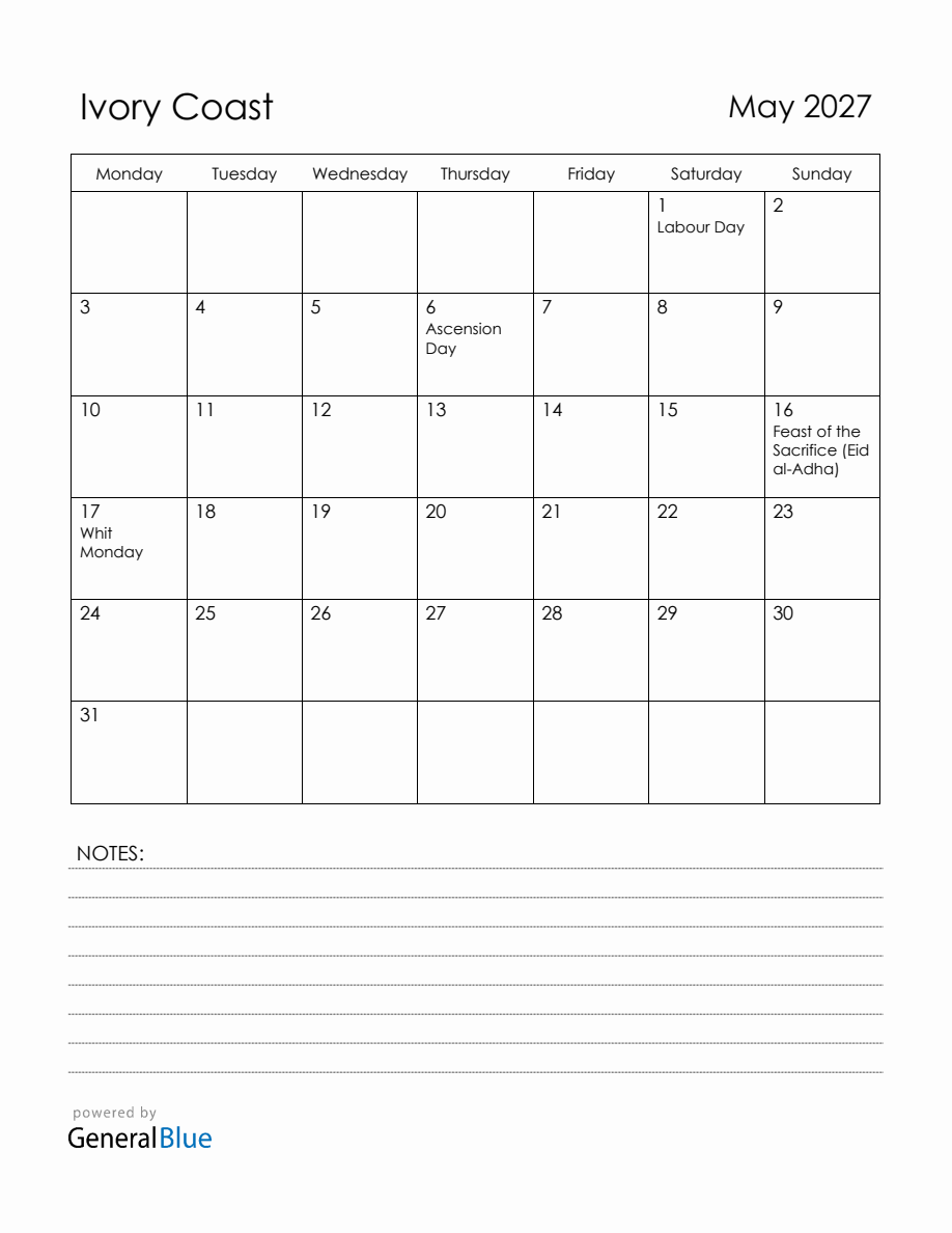 May 2027 Ivory Coast Calendar with Holidays (Monday Start)