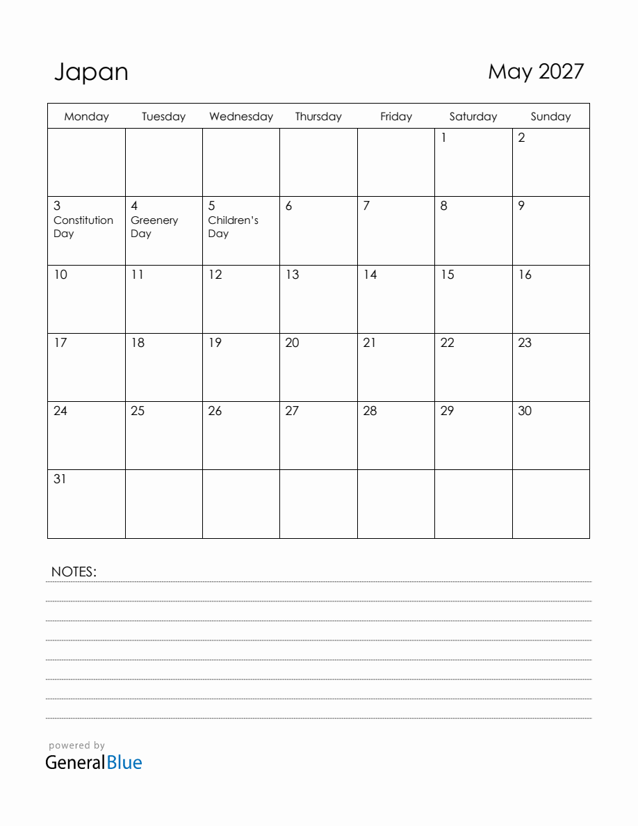 May 2027 Japan Calendar with Holidays (Monday Start)