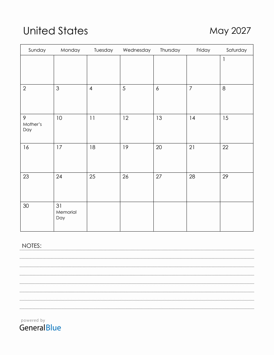 May 2027 United States Calendar with Holidays