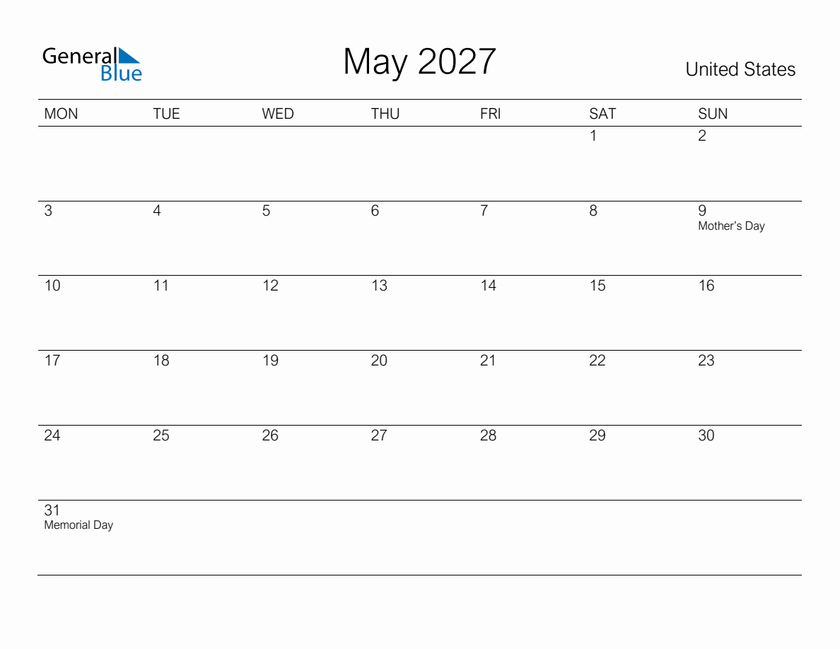 Printable May 2027 Monthly Calendar with Holidays for United States