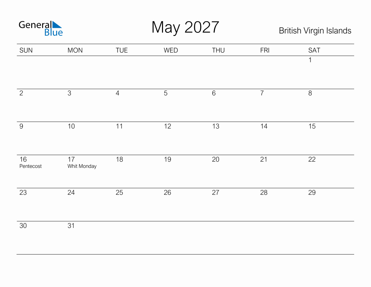 Printable May 2027 Monthly Calendar with Holidays for British Virgin ...