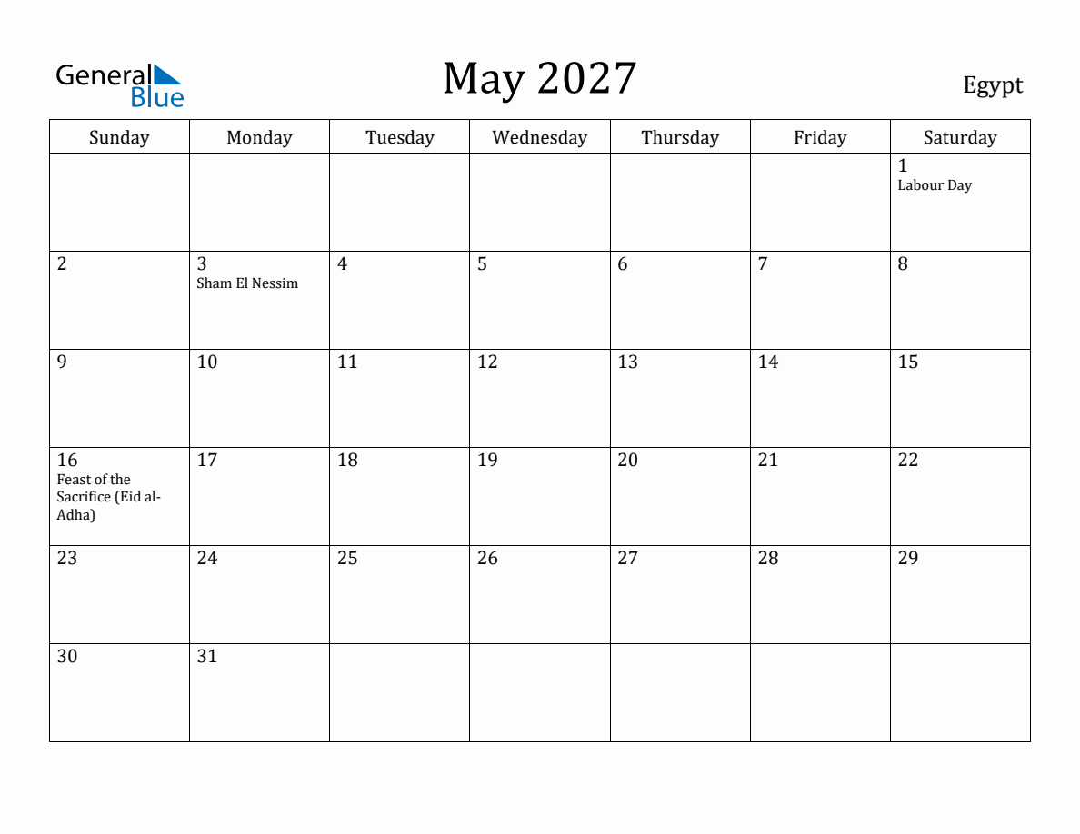 May 2027 Monthly Calendar with Egypt Holidays