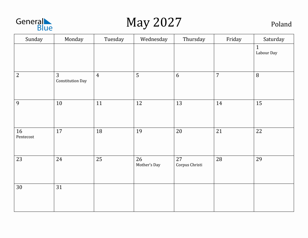 May 2027 Monthly Calendar with Poland Holidays