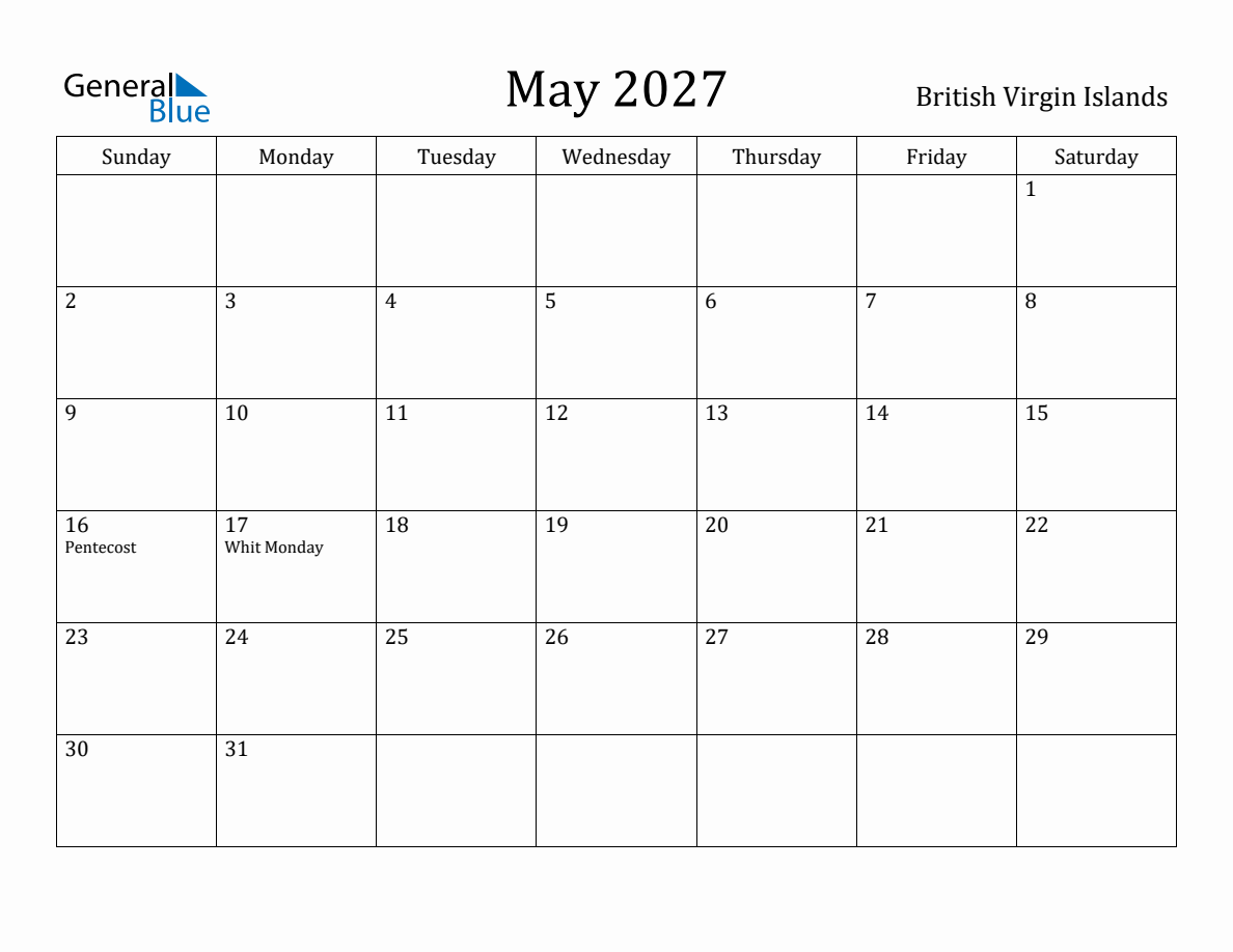 May 2027 Monthly Calendar with British Virgin Islands Holidays