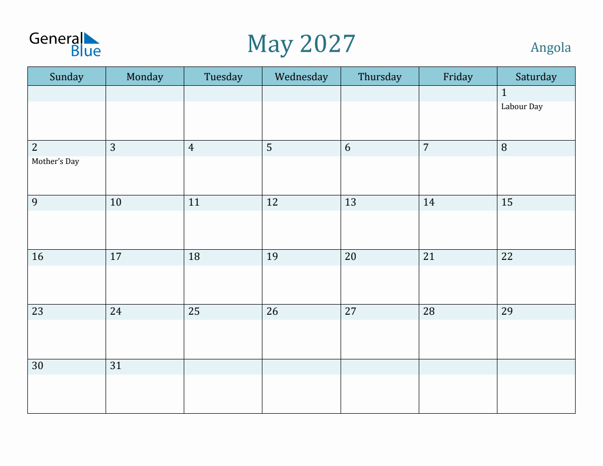Angola Holiday Calendar for May 2027