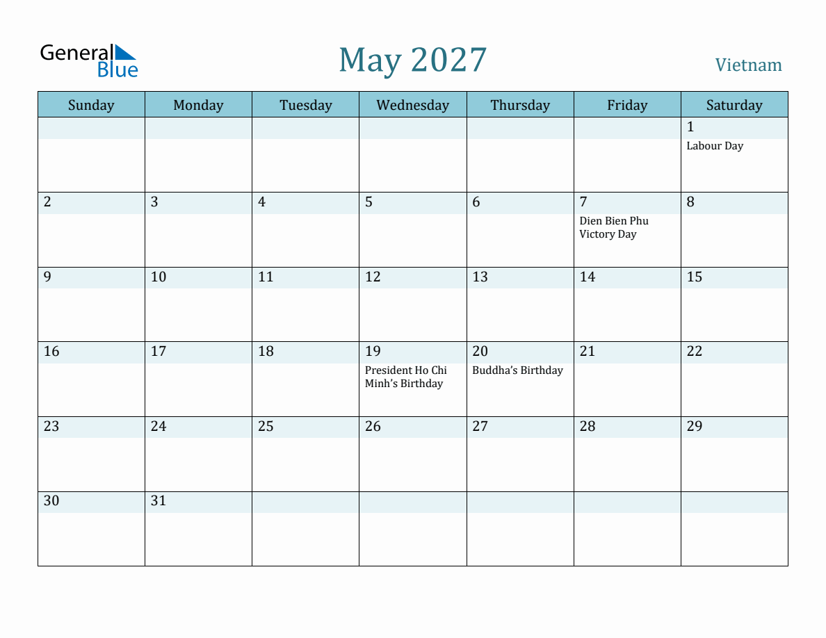 Vietnam Holiday Calendar for May 2027