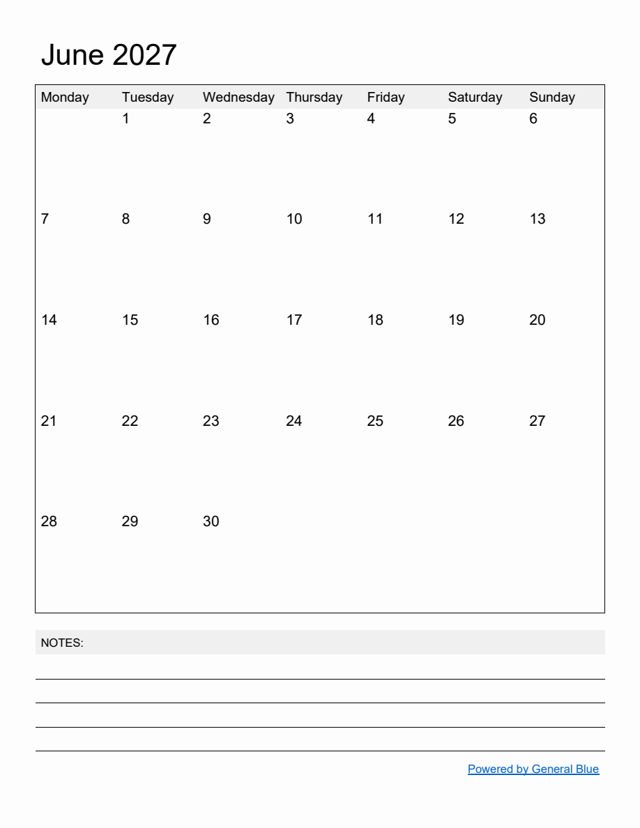 Free Printable Monthly Calendar for June 2027 - Monday Start