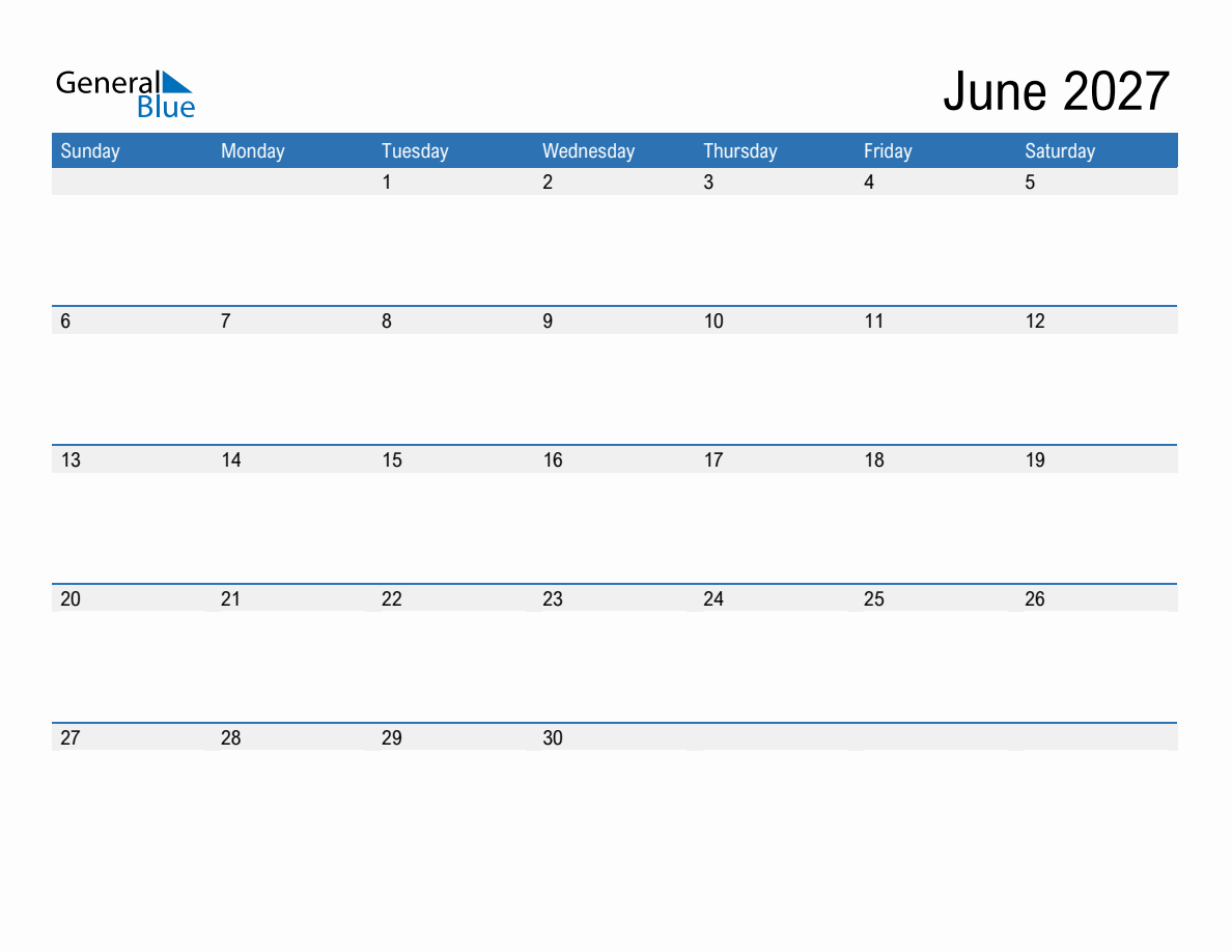 June 2027 Monthly Calendar (PDF, Word, Excel)