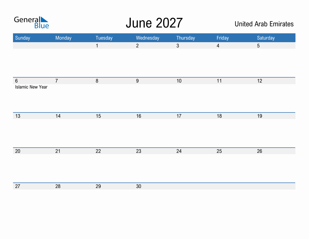 June 2027 Monthly Calendars with United Arab Emirates Holidays