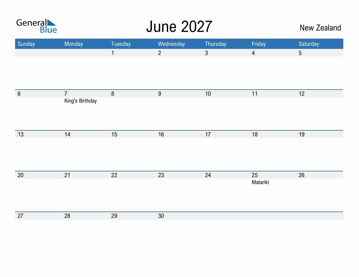 June 2027 Monthly Calendars with New Zealand Holidays