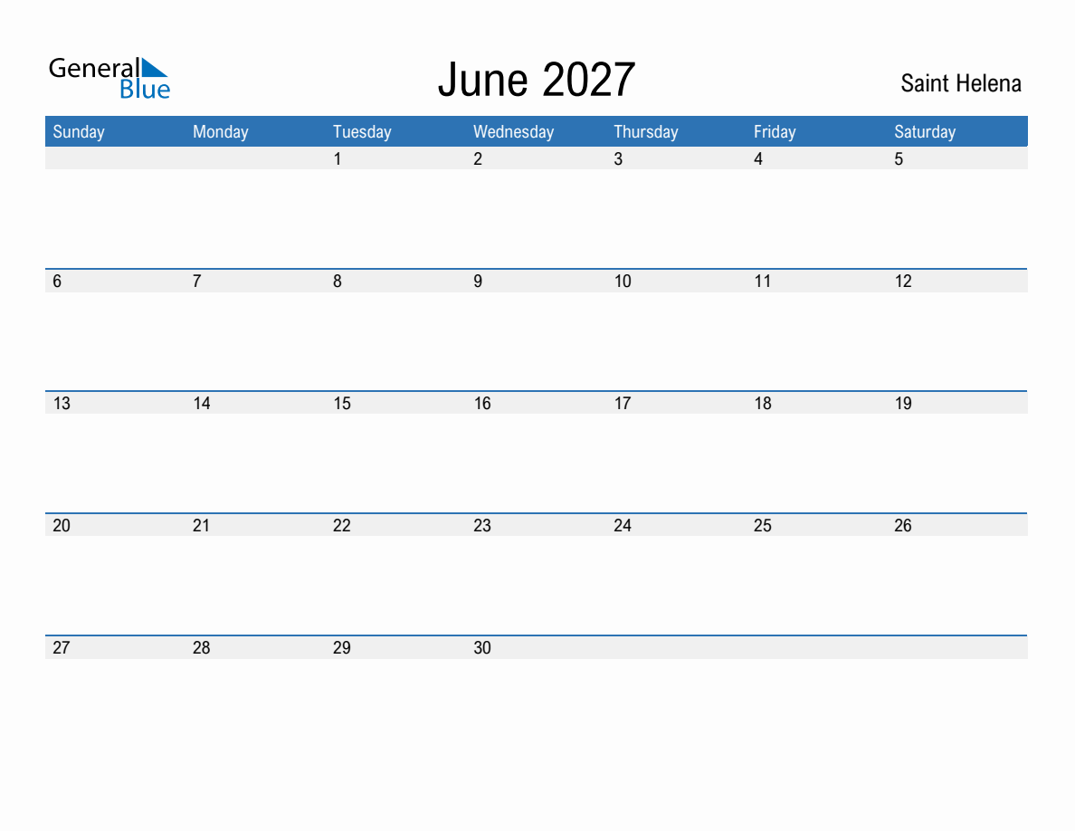 June 2027 Monthly Calendars with Saint Helena Holidays