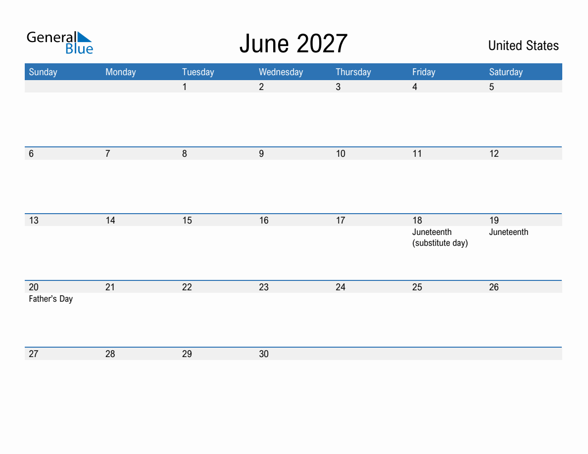 June 2027 Monthly Calendar with United States Holidays