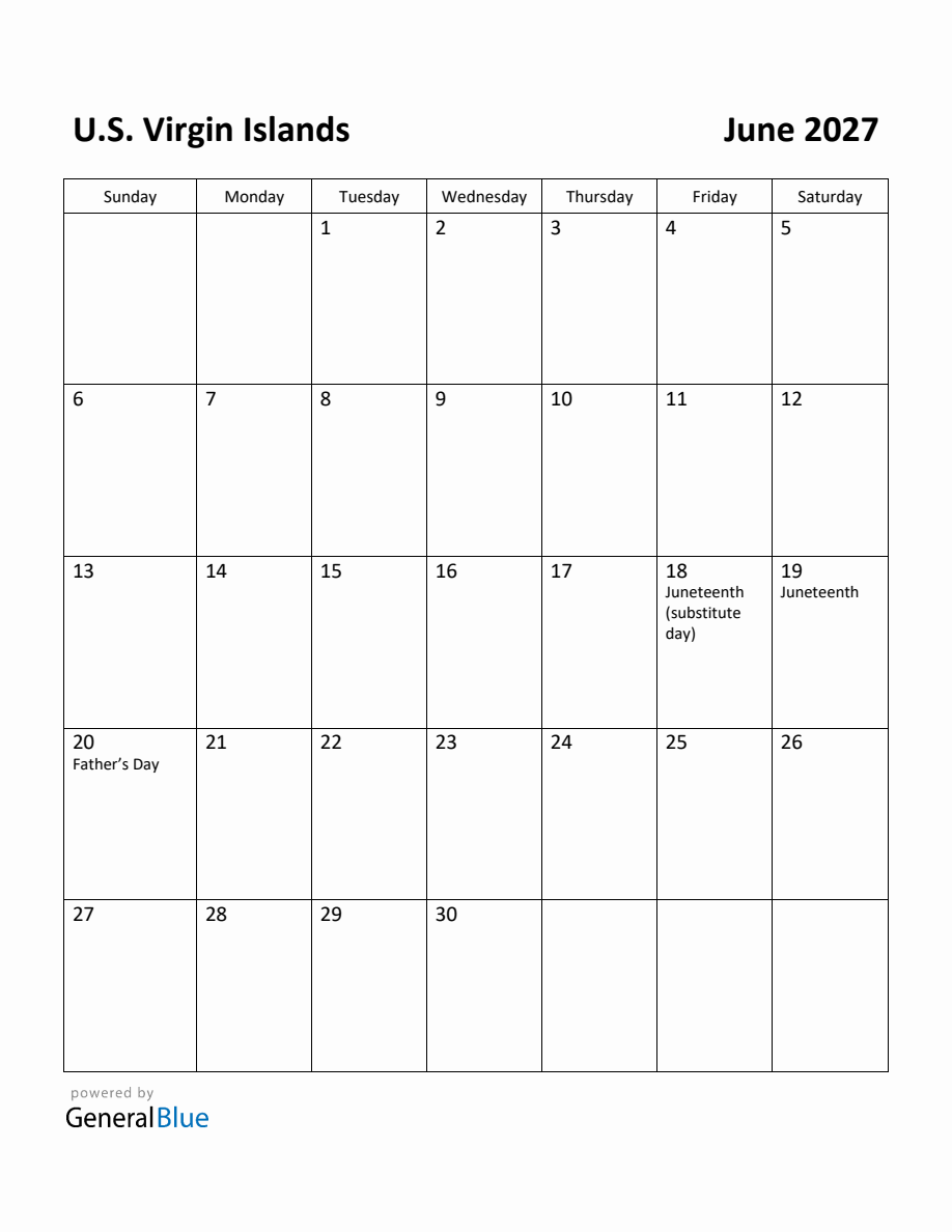 Free Printable June 2027 Calendar for U.S. Virgin Islands