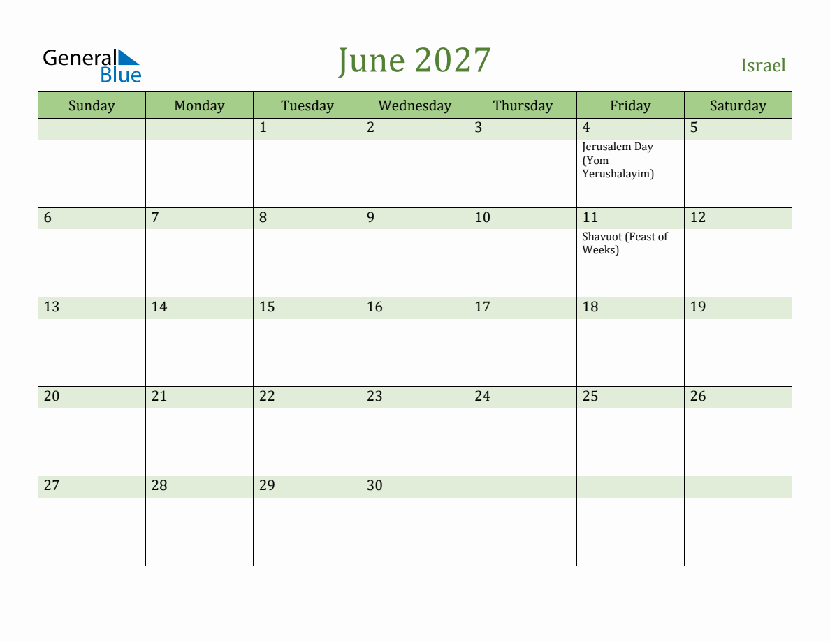 Fillable Holiday Calendar for Israel - June 2027