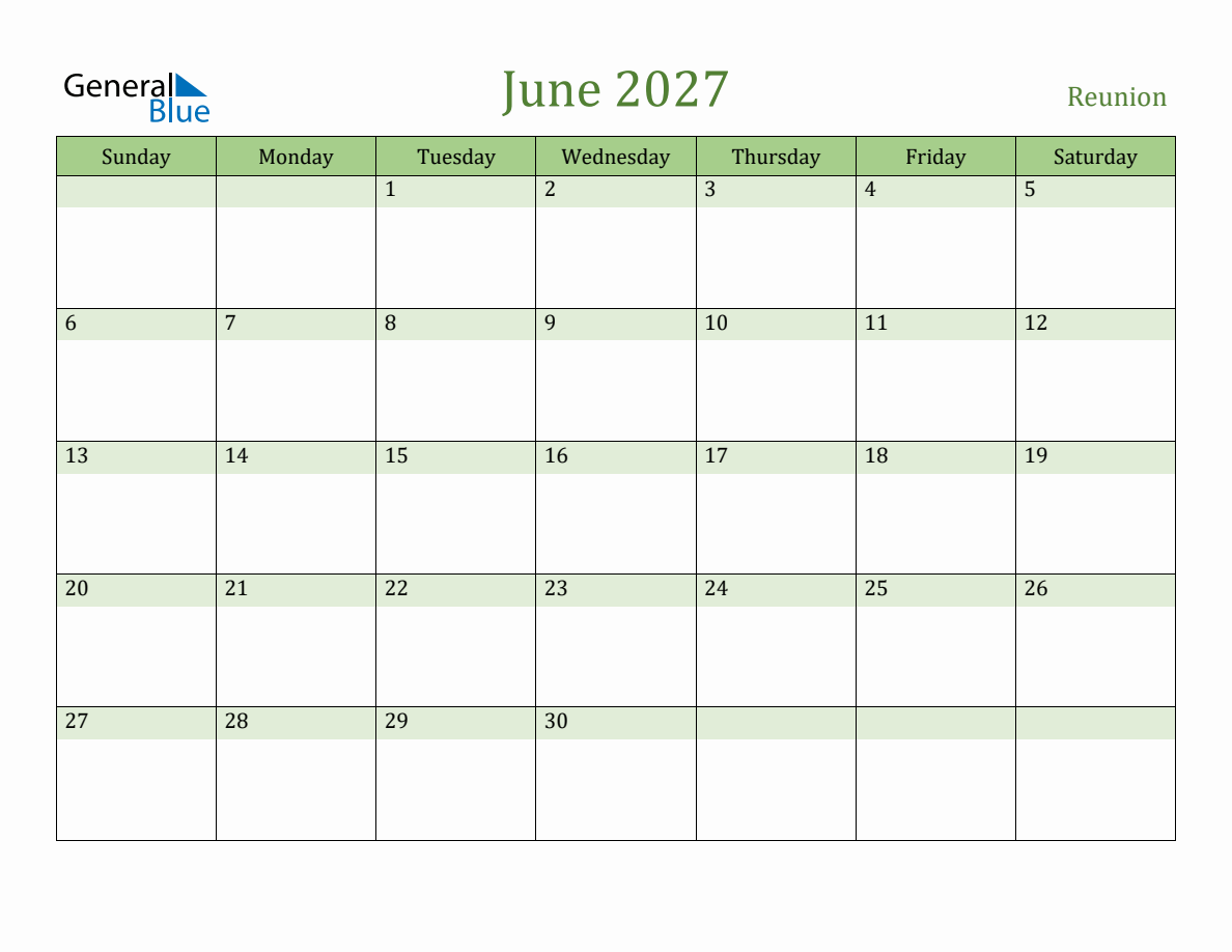 Fillable Holiday Calendar for Reunion - June 2027