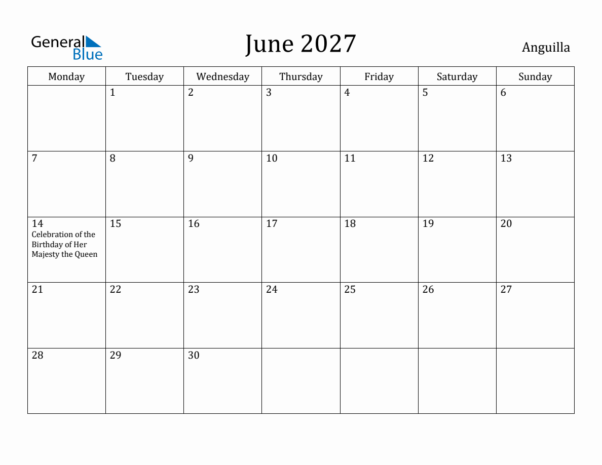 June 2027 - Anguilla Monthly Calendar with Holidays