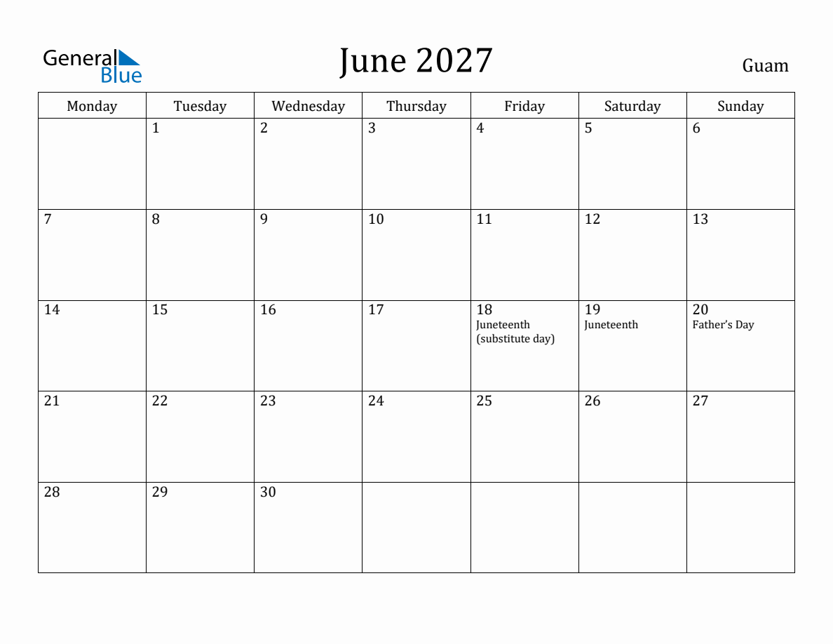 Guam Monthly Calendar - June 2027 (Monday Start)