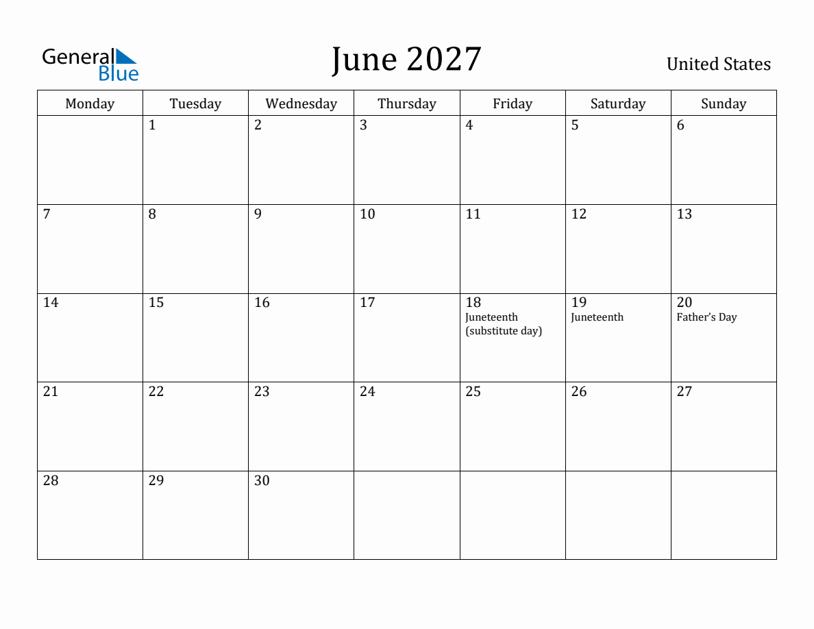 United States Monthly Calendar - June 2027 (Monday Start)