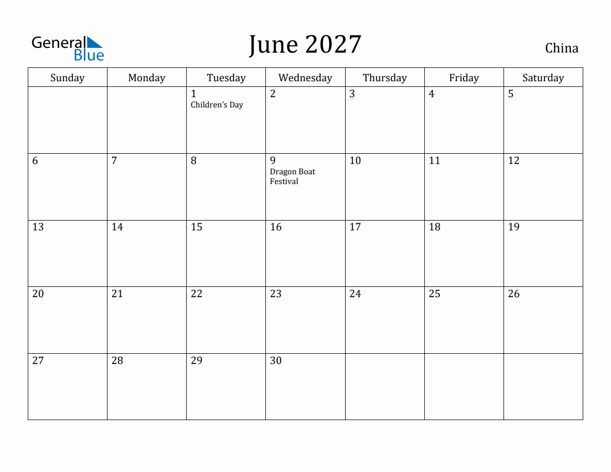 June 2027 Monthly Calendar with China Holidays