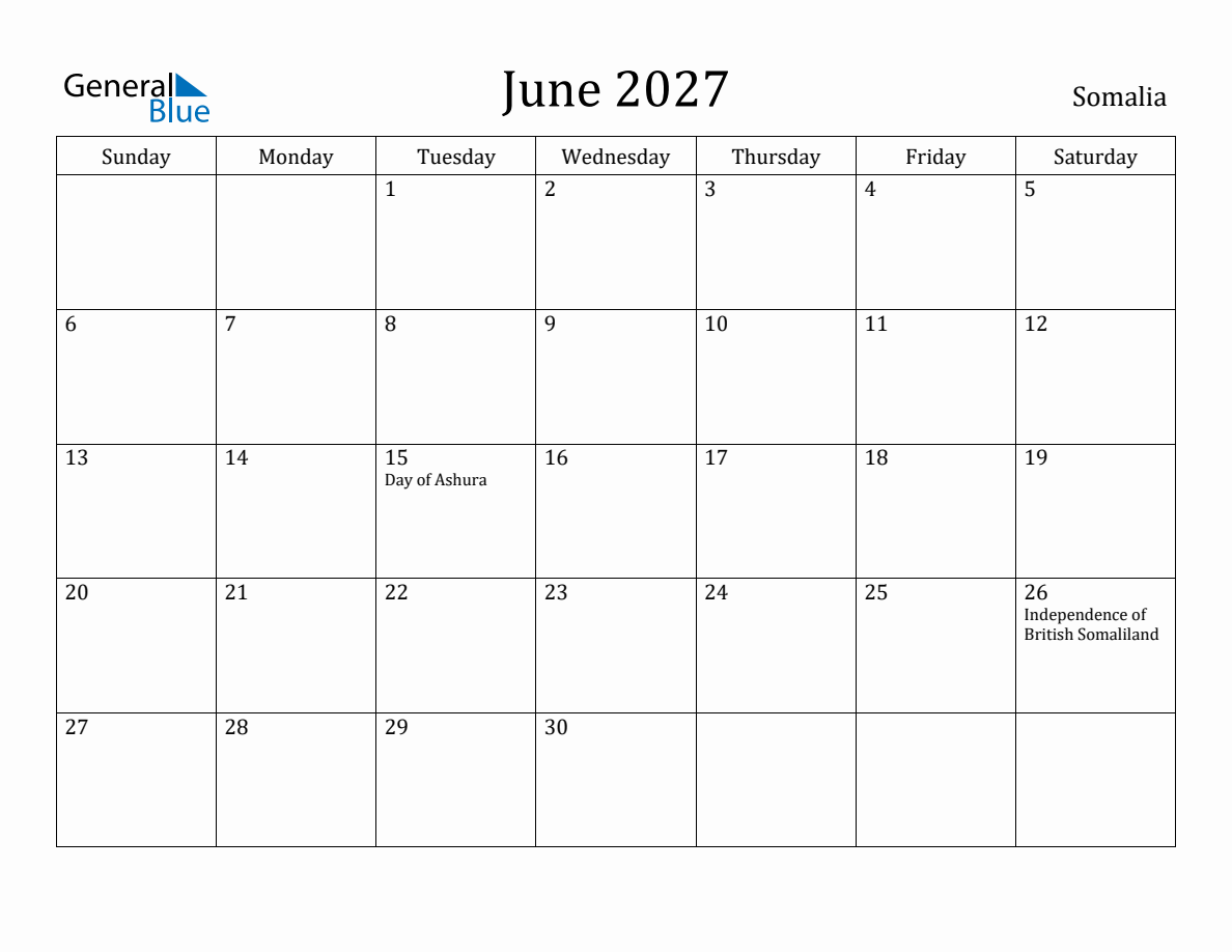June 2027 Monthly Calendar with Somalia Holidays