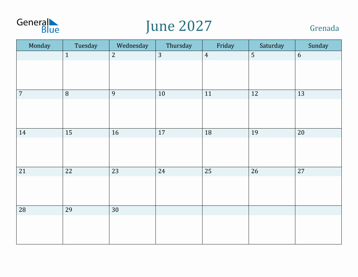 Grenada Holiday Calendar for June 2027