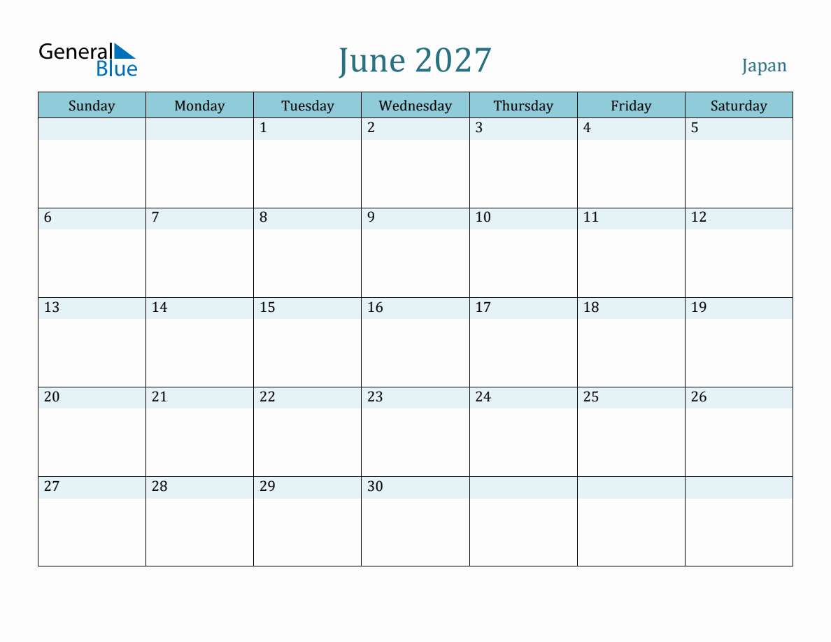Japan Holiday Calendar for June 2027