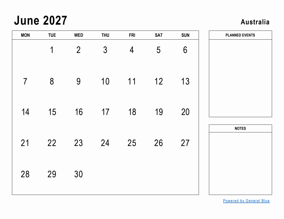 June 2027 Planner with Australia Holidays (Monday Start)