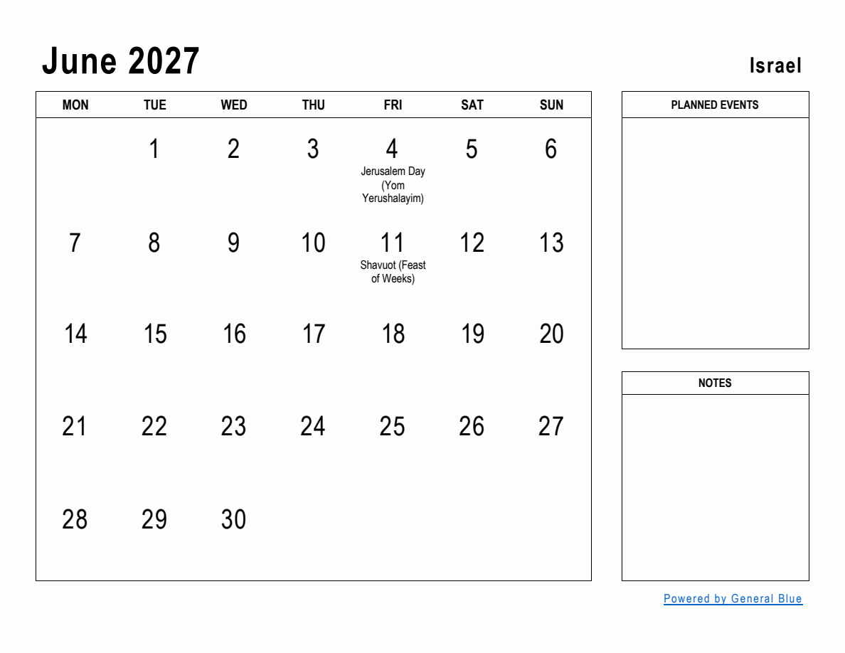June 2027 Planner with Israel Holidays (Monday Start)