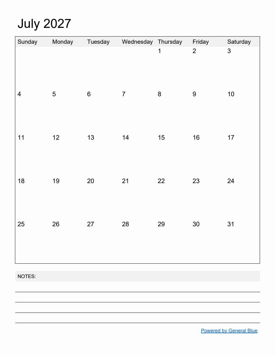 Free Printable Monthly Calendar for July 2027