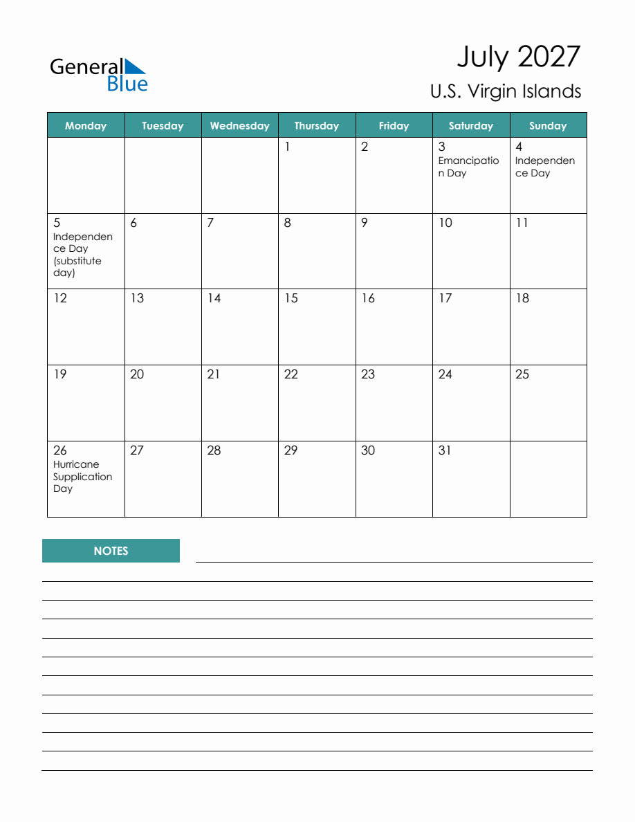Monthly Planner with U.S. Virgin Islands Holidays - July 2027 (Monday ...