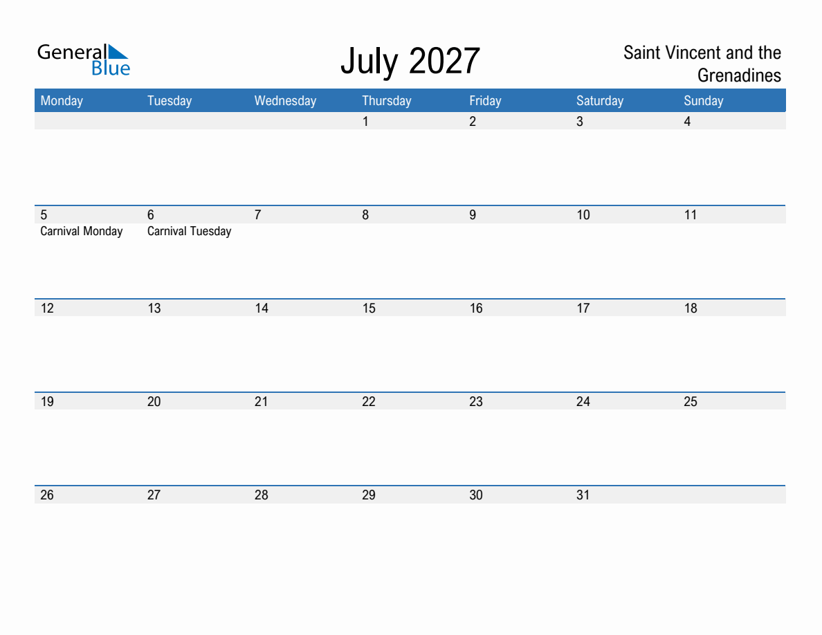 Editable July 2027 Calendar with Saint Vincent and the Grenadines ...