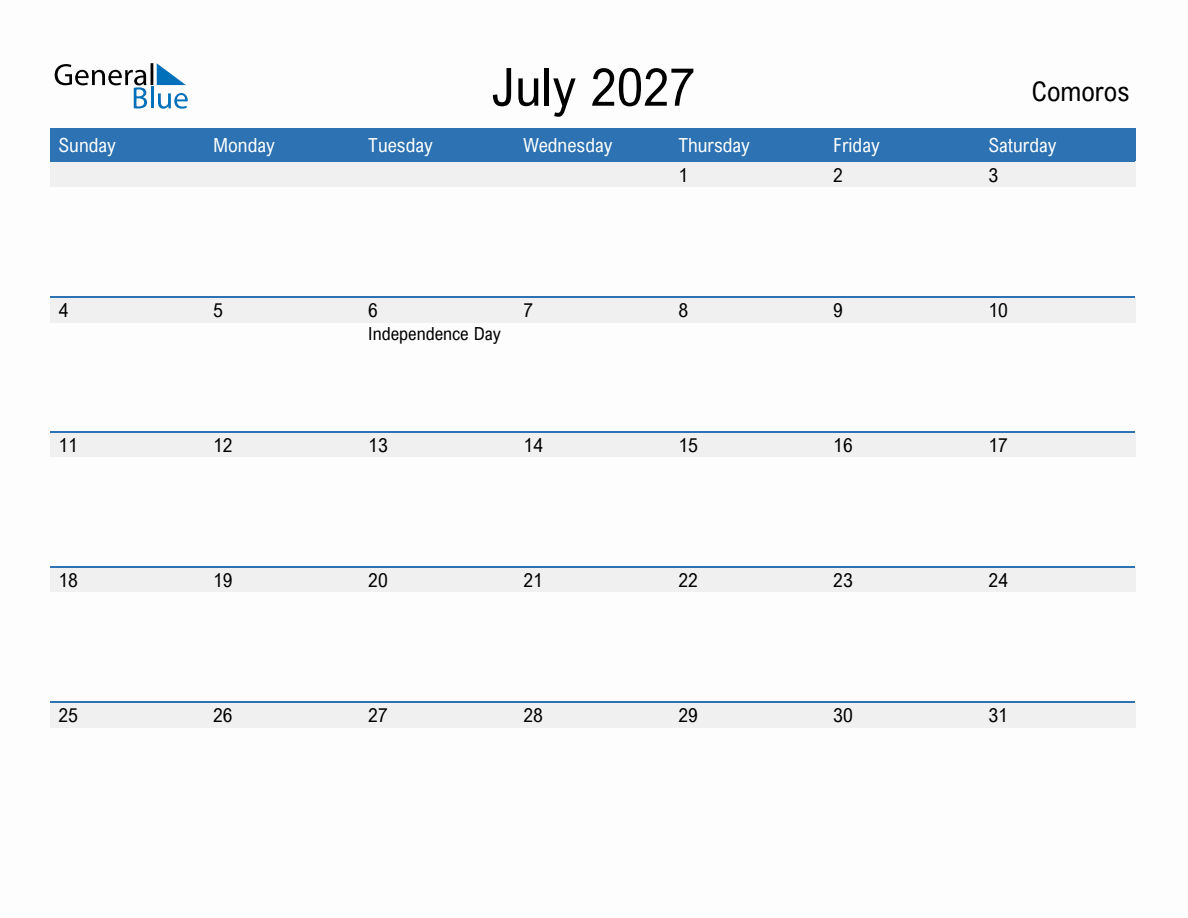Editable July 2027 Calendar with Comoros Holidays
